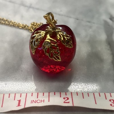 Avon Red Apple Glass & Crystal Pendant Necklace Gold Tone Cable Chain ...