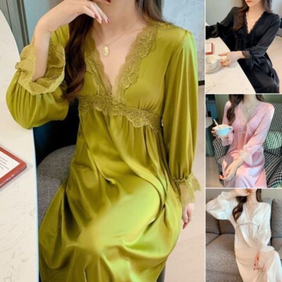Women Satin Pajama Dress Faux Ice Silk Lace Nightgown Long Sleeve ...