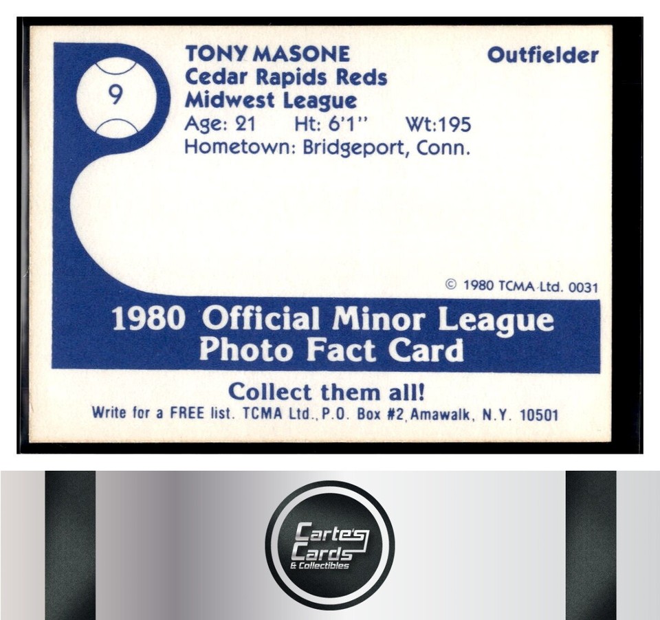 Tony Masone 1980 TCMA Cedar Rapids Reds #9 Cincinnati Reds | eBay