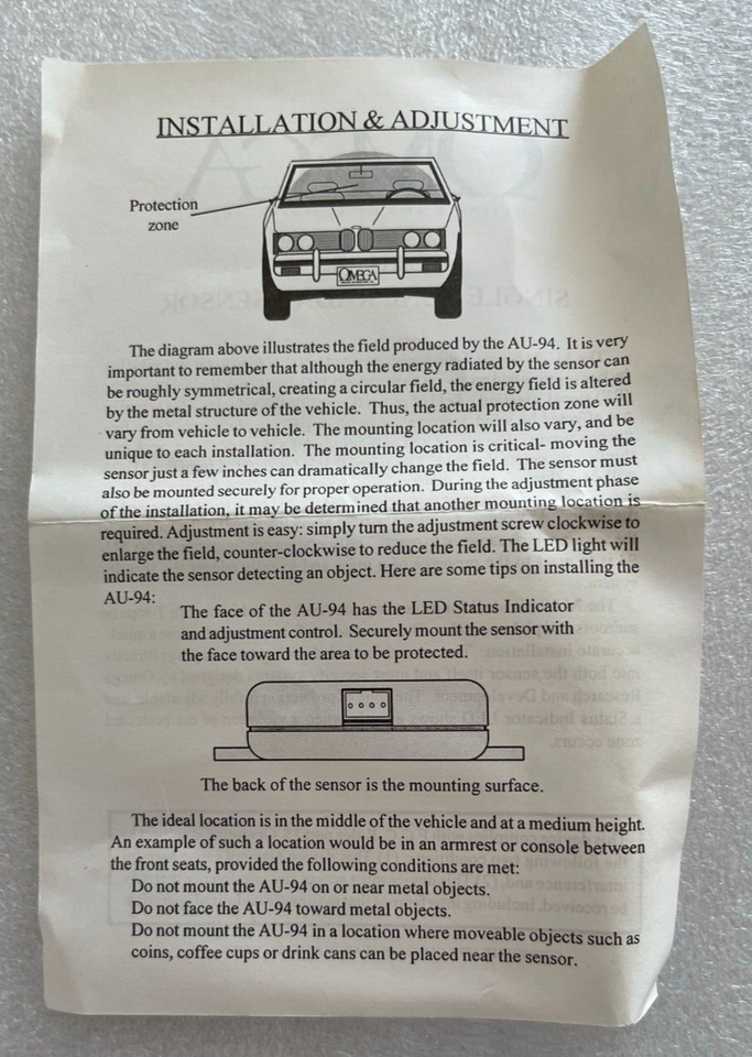 NEW Omega AU-94 SINGLE Zone Proximity Radar Sensor Car Alarm | eBay