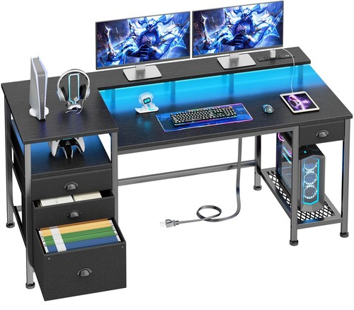 Black Computer Desk with 4 Drawers, 60" Long Office Desk with Fabric ...