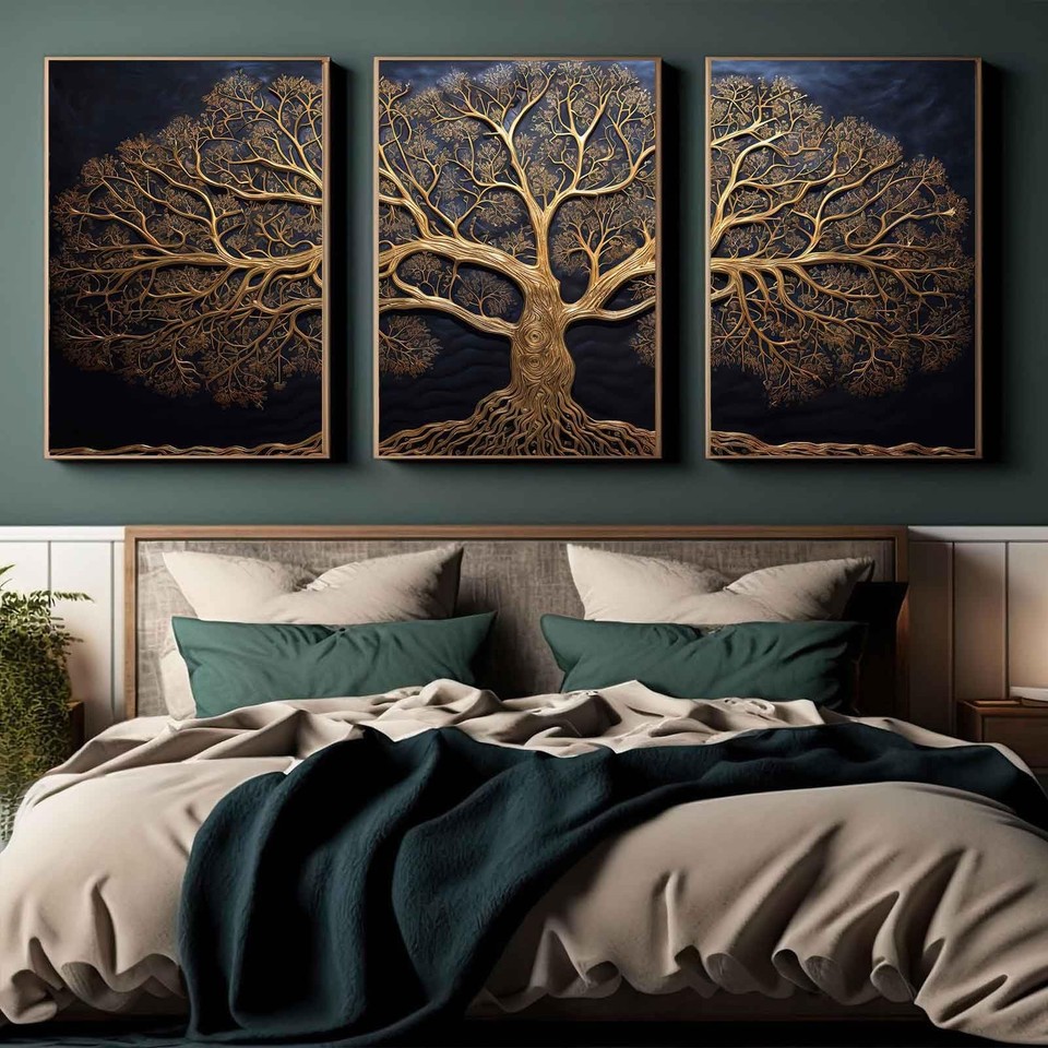 3Pcs Vintage Tree Life Canvas Wall Art Abstract Gold Tree Painting ...