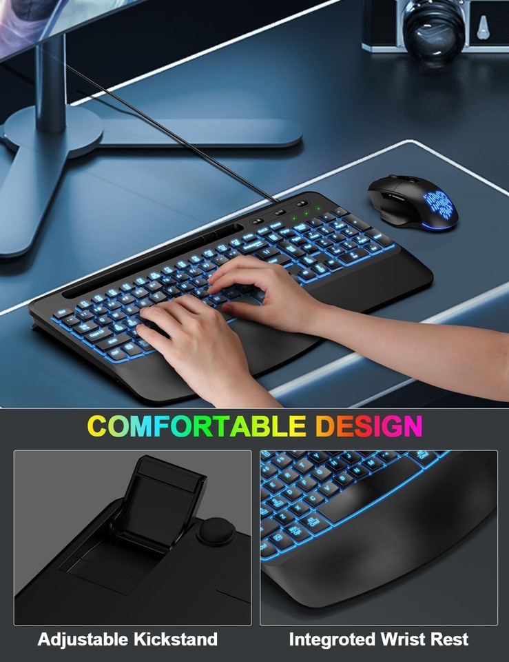 Ergonomic Backlit Computer Keyboards, USB Wired Lighted Keyboard with 7 ...