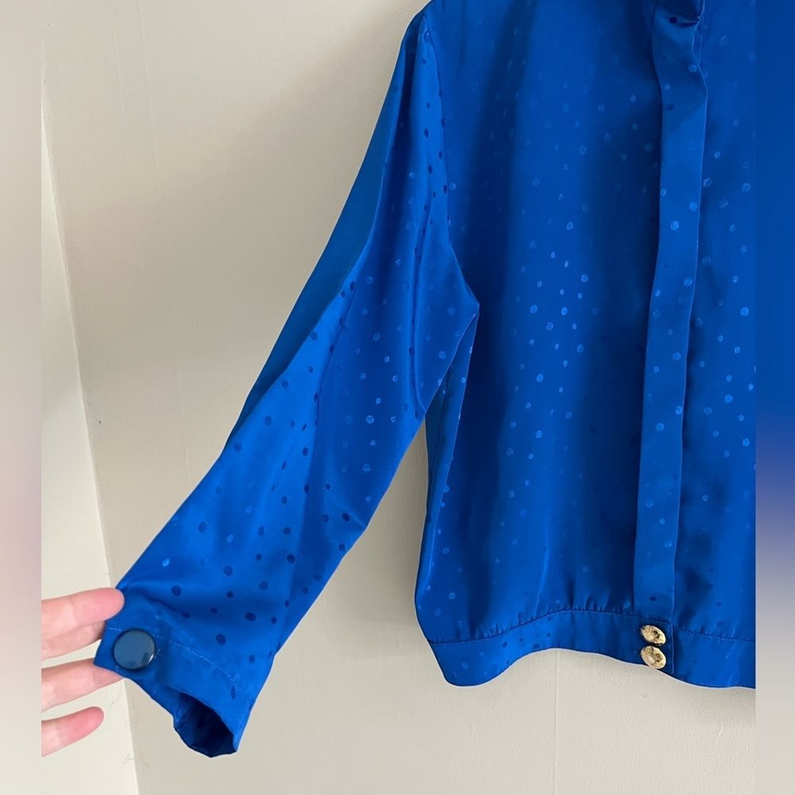 VINTAGE 1980s blue polka dot retro button front high … - Gem