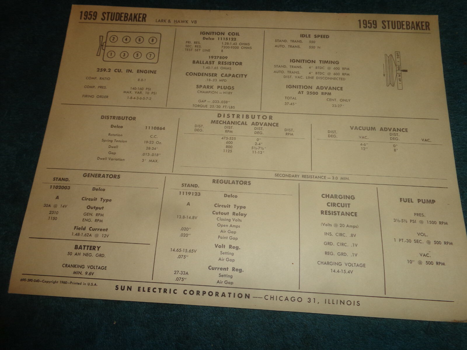 1959 STUDEBAKER LARK & HAWK 259 V8 ENGINE SUN TUNE-UP CHART / USEFUL ...