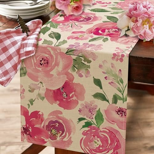 Spring Summer Watercolor Flower Table Runner, Pink Peony Floral Kitchen ...