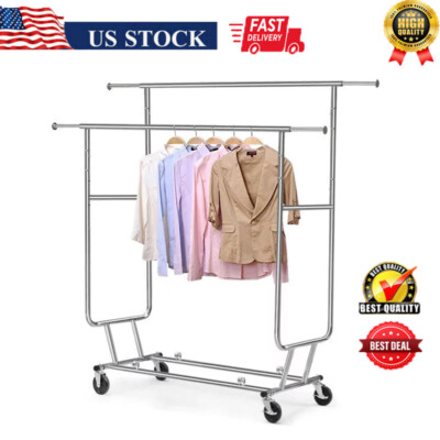 Clothes Garment Rack Heavy Duty Double Rail Collapsible Rolling ...