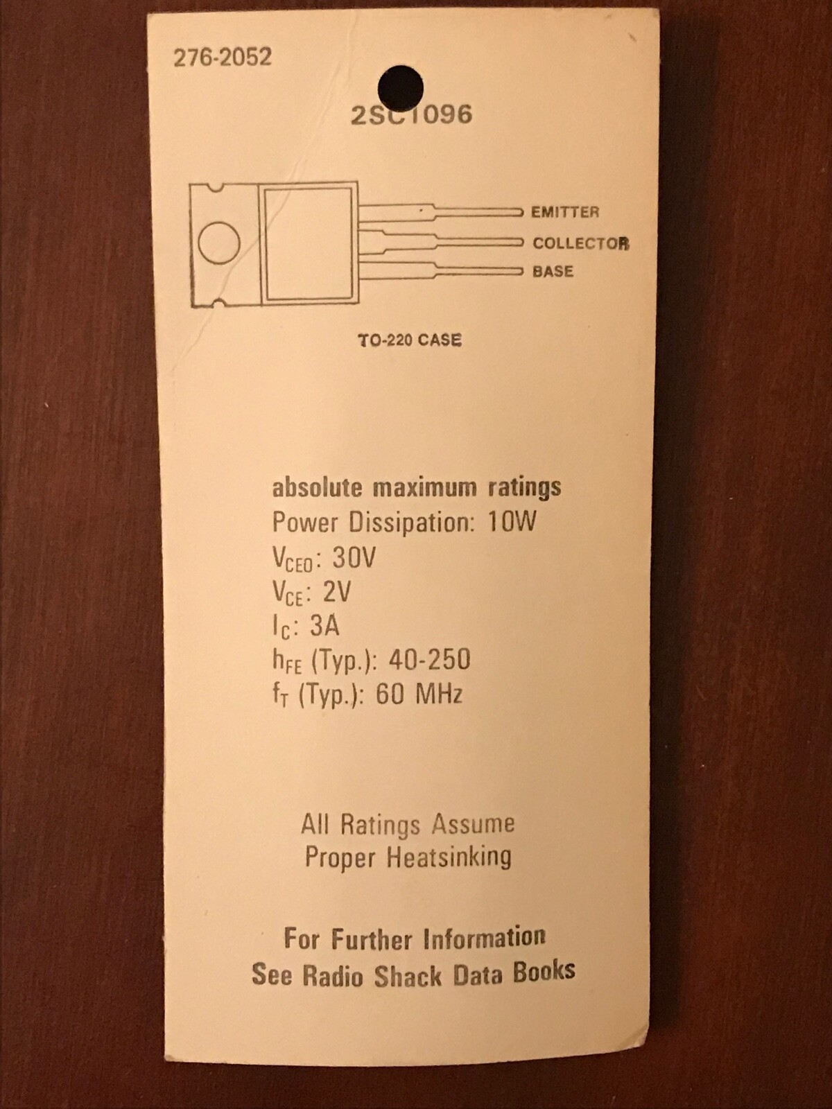 Vintage Archer 276-2052 NPN Power Transistor 2SC1096 (NOS) Radio Shack ...
