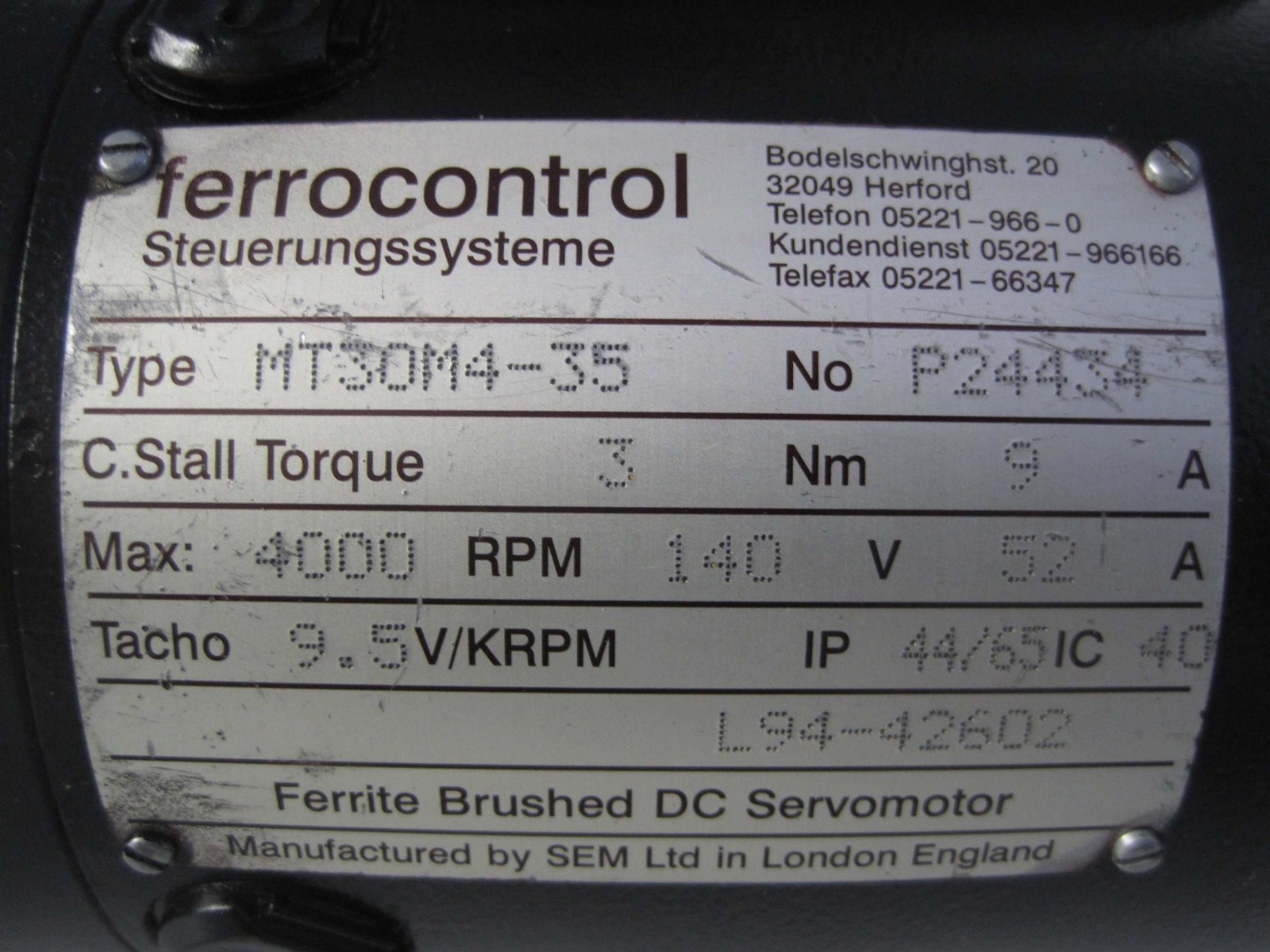 FERROCONTROL SEM DC Servomotor Servo Motor MT30 MT30M4-35 mit Drehgeber ...