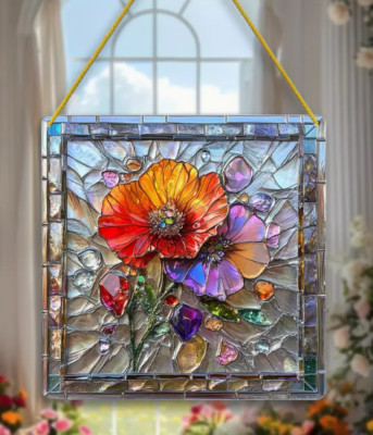 SUNCATCHER-Vibrant Poppy Flower 8x8 Inch Decorative Window Hanging | eBay