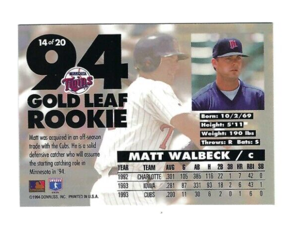 1994 Leaf Gold Leaf Rookie #14 Matt Walbeck Baseball Card Twins RC | eBay