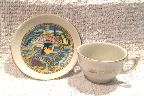 Vintage Sea World Miniature Tea Cup Saucer Plate Set Shamu FL CA OH ...
