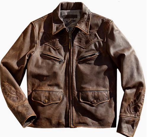 Mens Embroidery Vintage Style Tea-core Calfskin Leather Jacket Washed ...