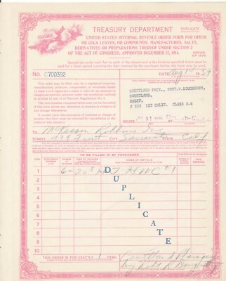 A67 - VINTAGE 1939 TREASURY DEPT INTERNAL REVENUE FORM FOR OPIUM, COCA ...