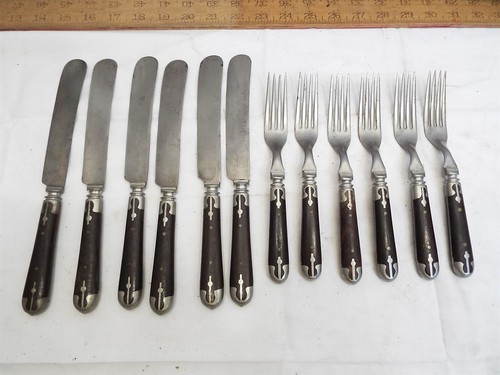 Wood Ornate Handle Flatware 4-Tine Fork Knife Landers Frary Clark Civil ...