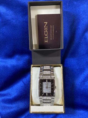 PRE-OWNED NEVER WORN MEN'S ELGIN RECTANGULAR SILVER & BLACK CRYSTAL ...