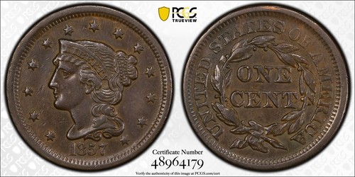 PCGS XF45 1857 Braided Hair Large Cent Small Date early copper colonial ...