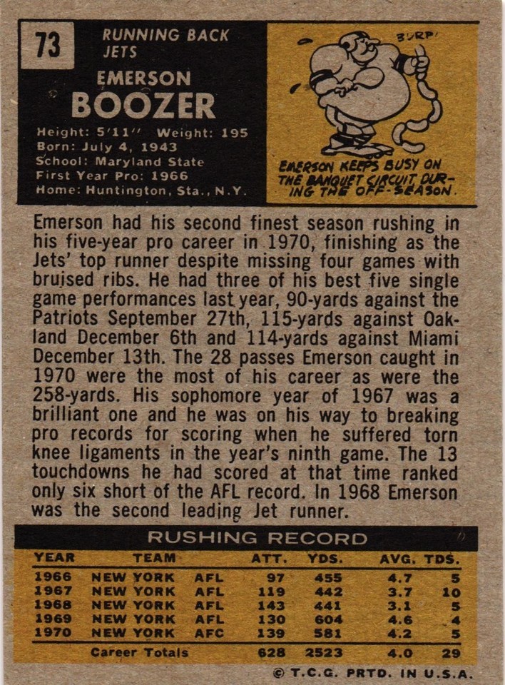 #73 Emerson Boozer Signed 1971 Topps NFL Football Card Jets AUTO | eBay