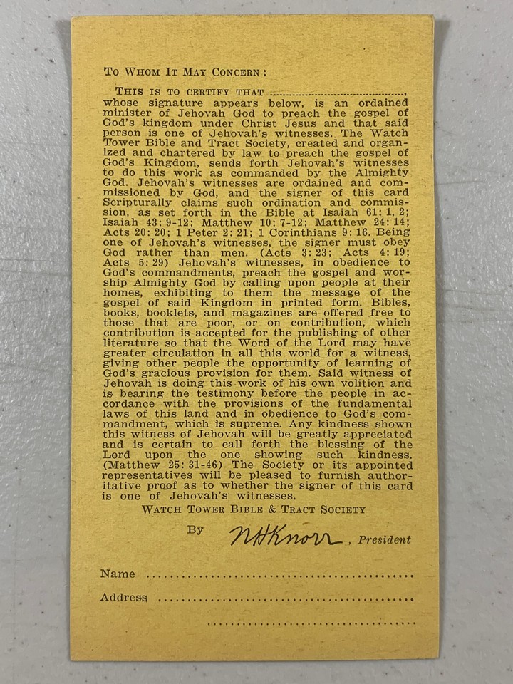 Original Vintage Much Postwar Knorr Testimony Card Watchtower Jehovah ...