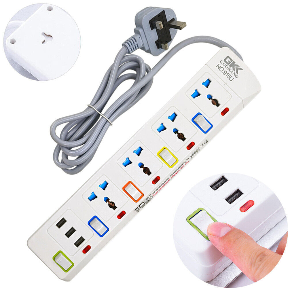 2M 4 Way Gang Cable Switched Surge Protect Extension Lead Plug Sockets ...