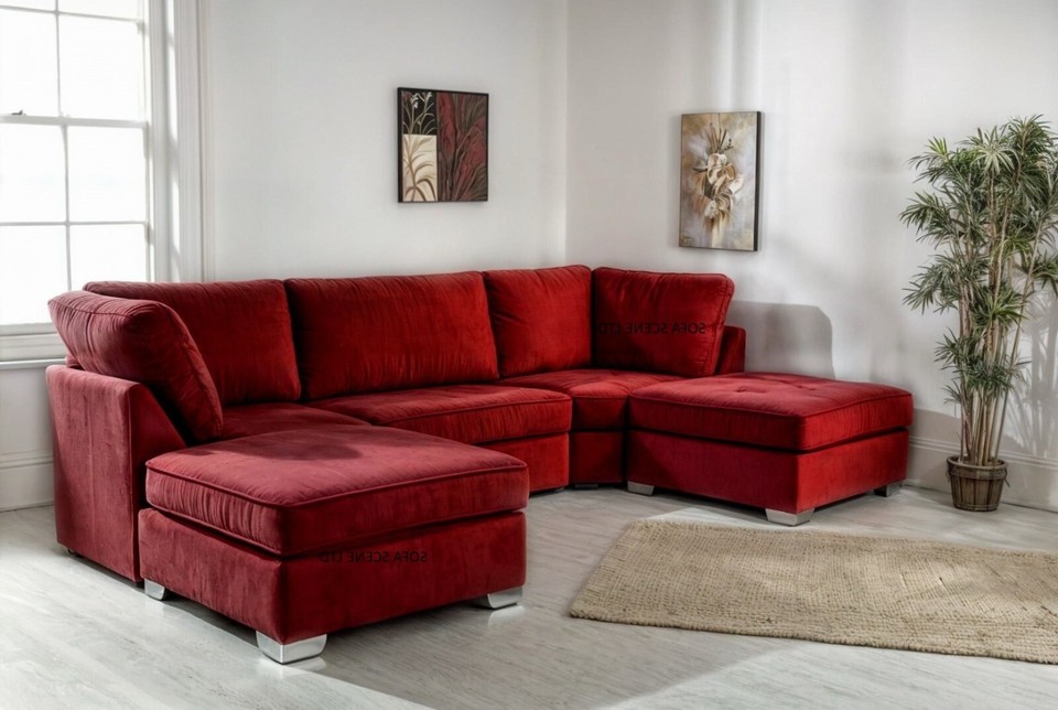 BISHOP U SHAPE FULL HIGH BACK CORNER SOFA -PLUSH RED - REMOVABLE FOOTSTOOLS | eBay UK