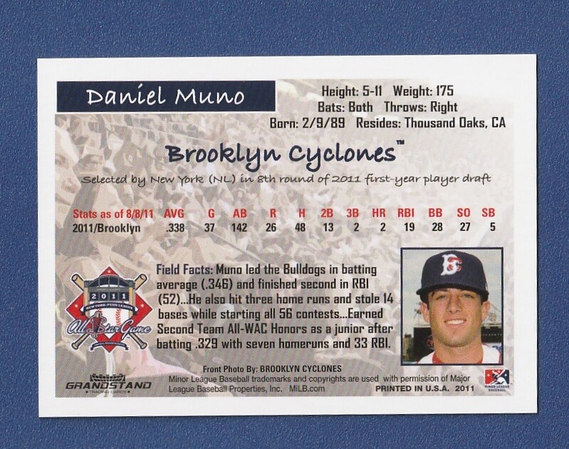 DANIEL MUNO 2011 Grandstand New York Penn League All Star RC Mets ...