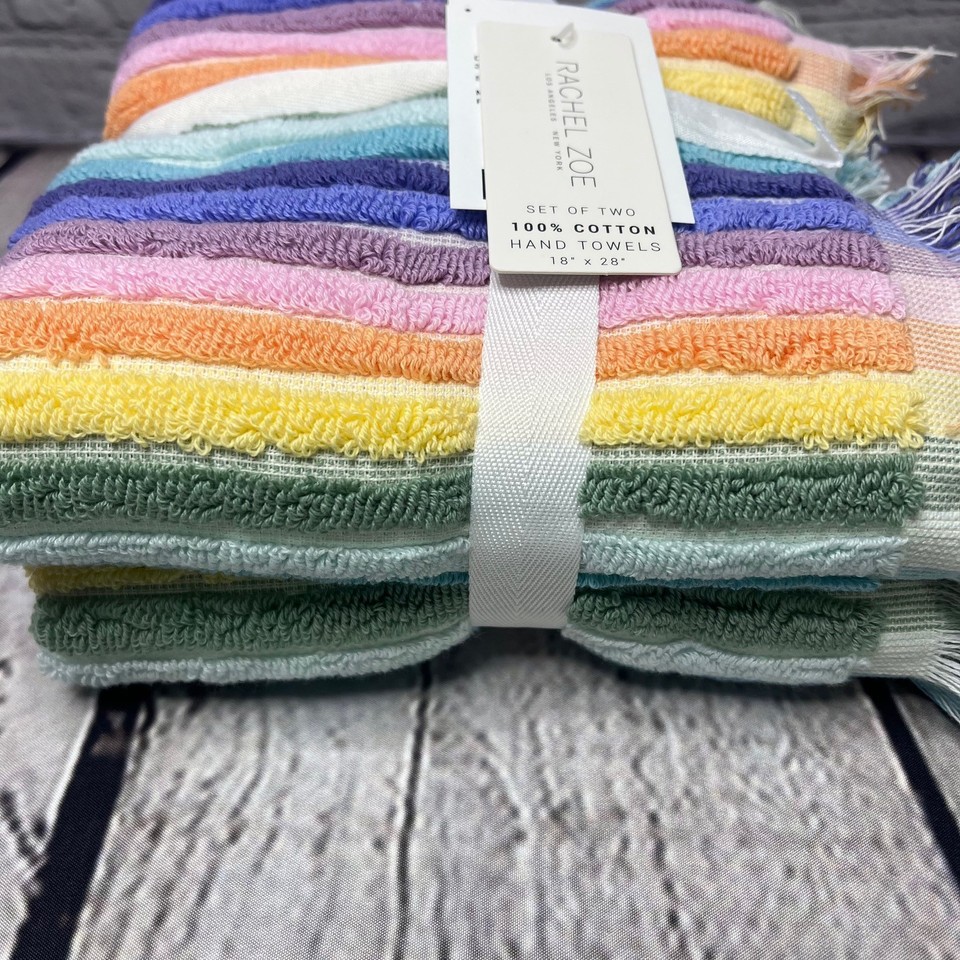 Rachel Zoe Hand Towels Set of 2 Rainbow Pastel Stripe Fringe 18x28” NWT ...