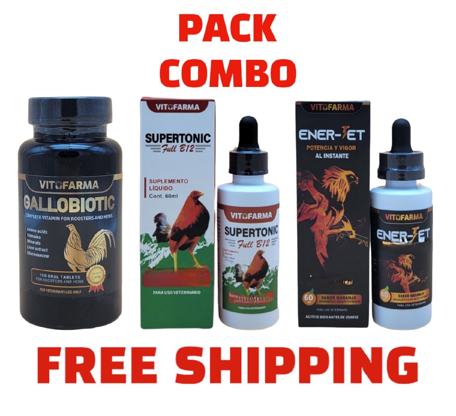 COMBO 3×1 PARA GALLOS/ FOR ROOSTER(GALLOBIOTIC, SUPERTONIC, ENER-JET ...