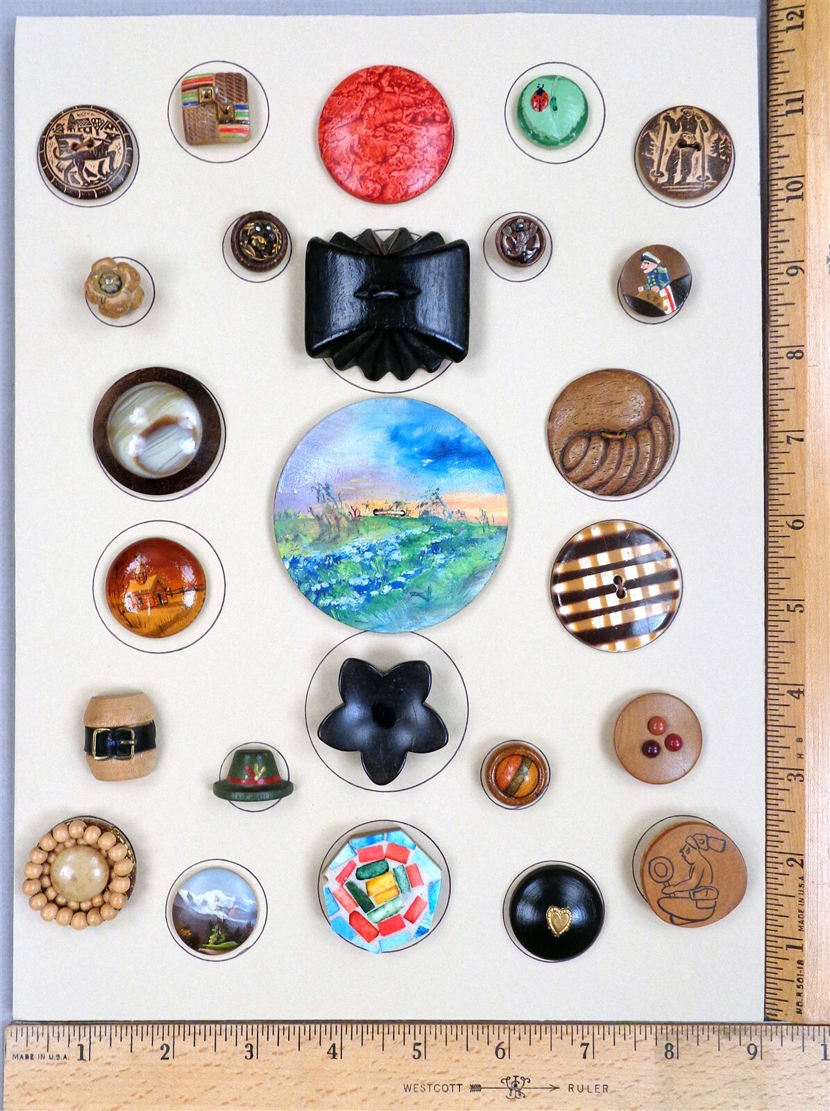 Card of 25 Antique & Vintage WOODEN BUTTONS #2, Variety of Styles ...