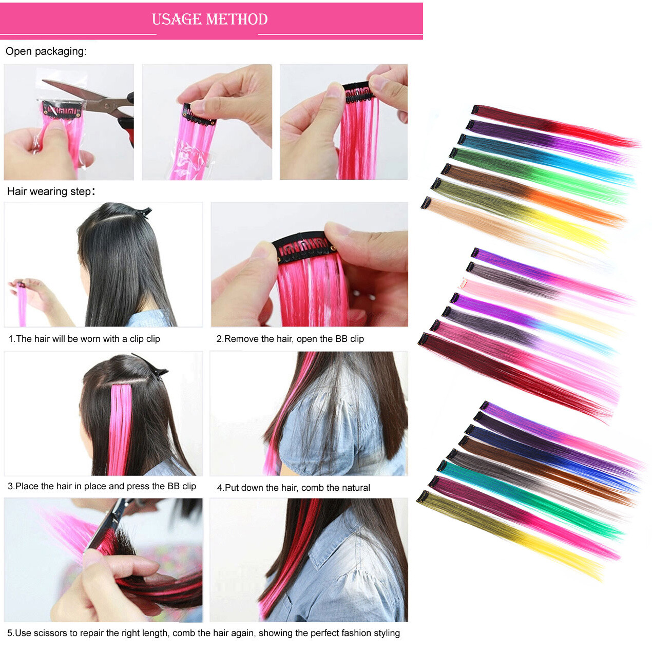 Clip On In Colorful Hair Extensions Coloured Synthetic Long Hair Party ...