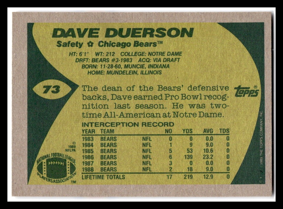 1989 Topps #73a Dave Duerson | eBay