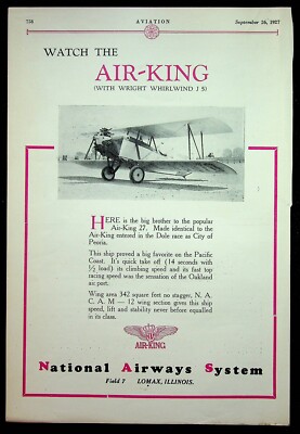 Air-King W/ Wright Whirlwind J5 Engine 1927 Aviation Ad National ...