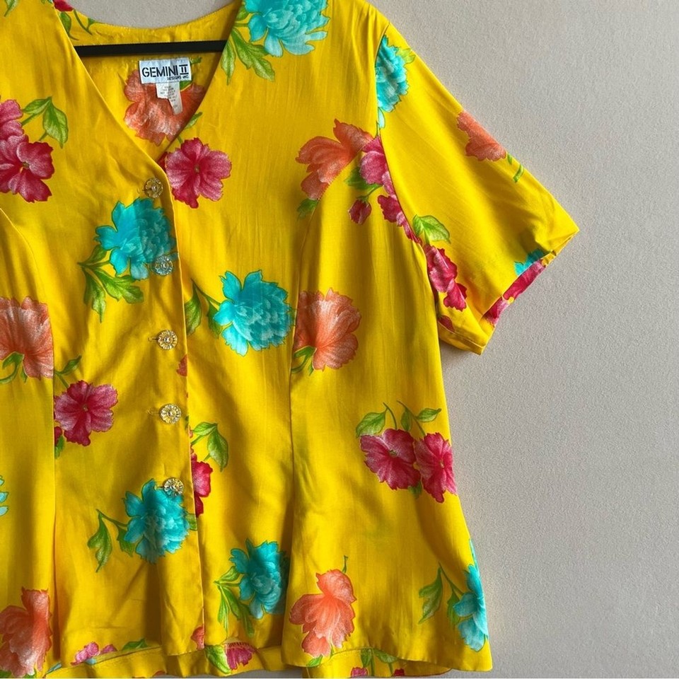 Gemini II Yellow Floral Blouse Size 12 Vintage Cottagcore Made in USA ...
