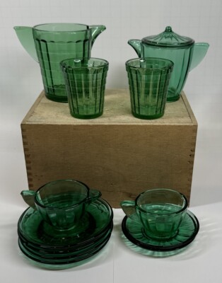 1932 Akro Agate Depression Glass Tea Set Green Transparent Childs 13 ...