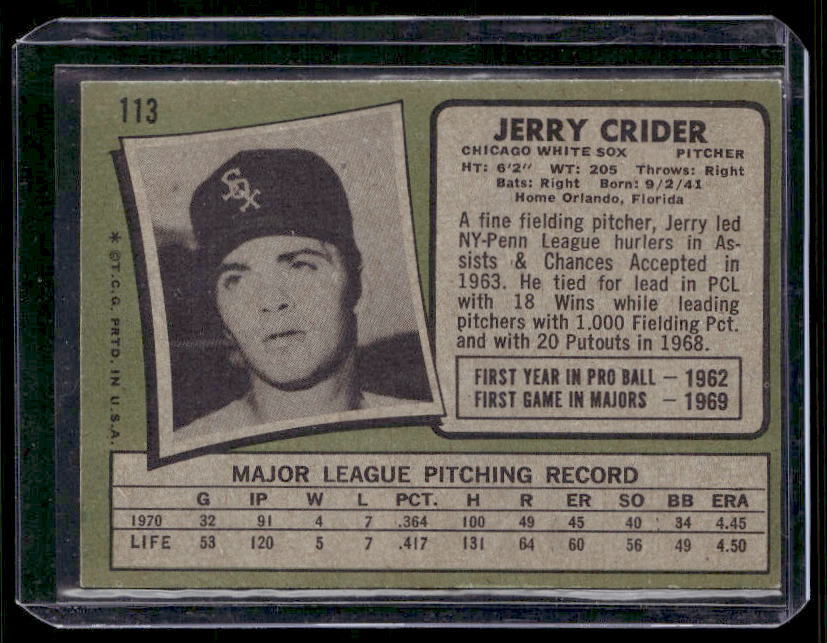 1971 Topps #113 Jerry Crider Chicago White Sox VG-EX+ Baseball Card ...