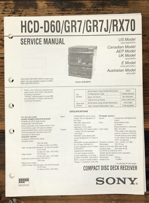 Sony HCD-D60 HCD-GR7 HCD-GR7J HCD-RX70 Stereo Service Manual *Original ...