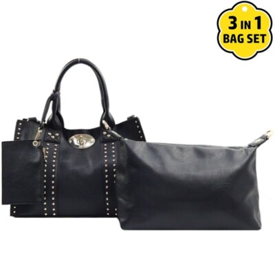 Black studded 3 in 1 handbag medium size with double handles | eBay