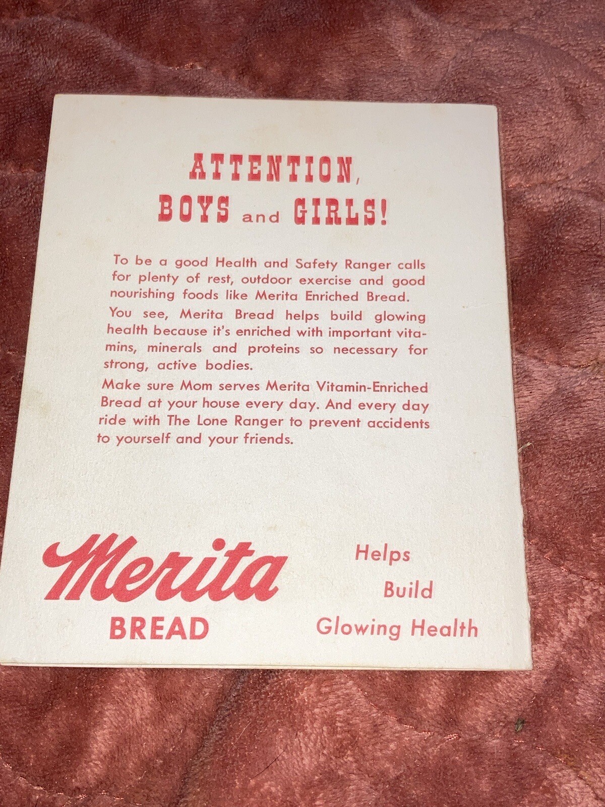 1956 Lone Ranger Merita Bread Letters Secret Code Card Club Rules ...
