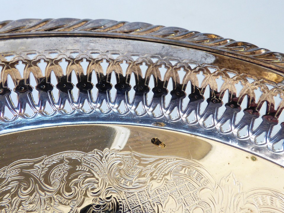 VTG Oneida Silver Plated 12.25" Serving Tray round pierced edge floral ...