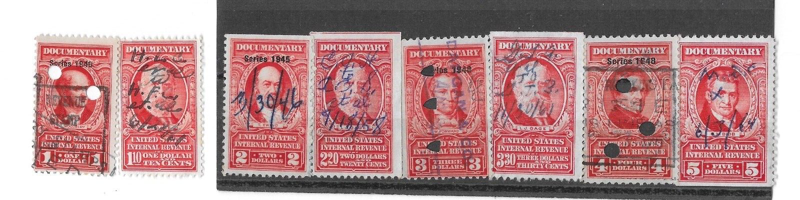 8 US Internal Revenue Documentary Red Stamps - $1 to $5 - very ...