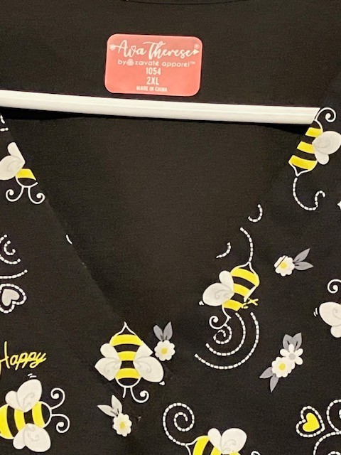 Women's Scrub top size 2XL, Black Scrub Top, Bee Design, Bee Happy ...