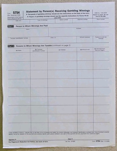 IRS Form 5754 Statement By Person Receiving Gambling Winnings, Any Year ...