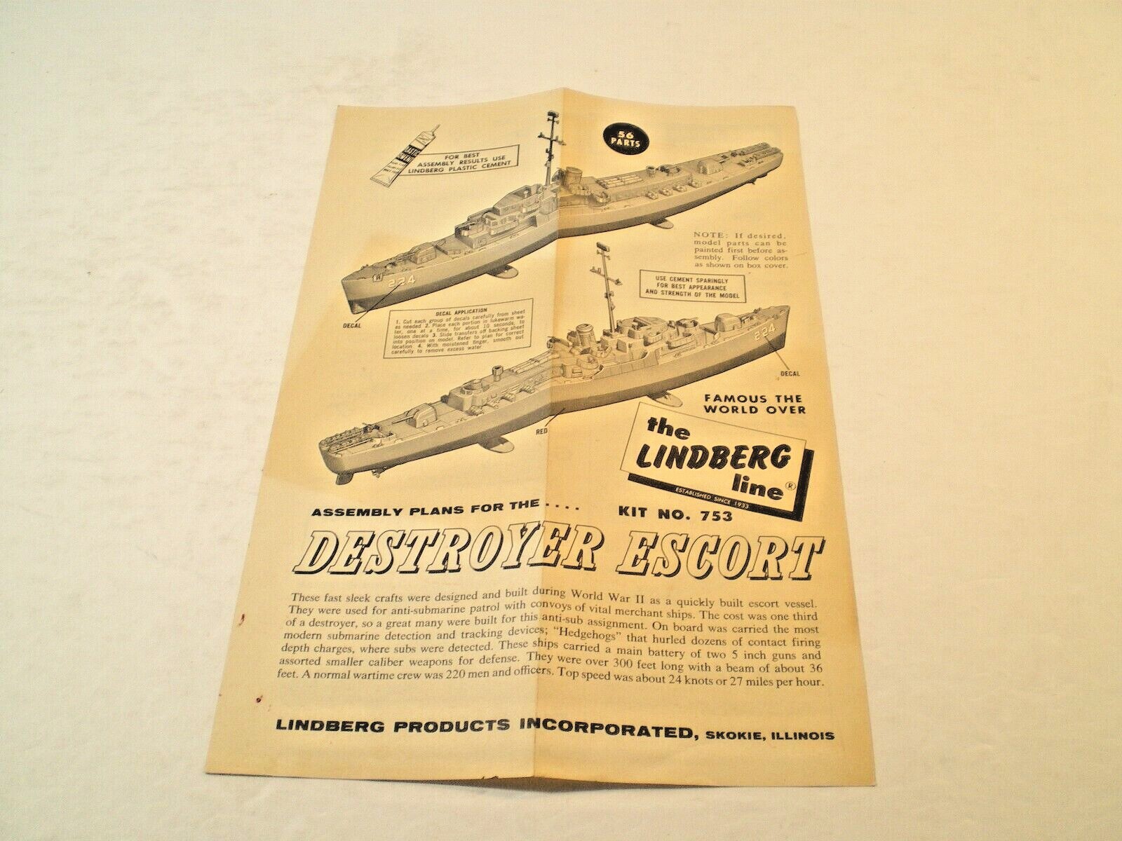 LINDBERG 1950's DESTROYER ESCORT PLASTIC MODEL SHIP INSTRUCTION SHEET ...