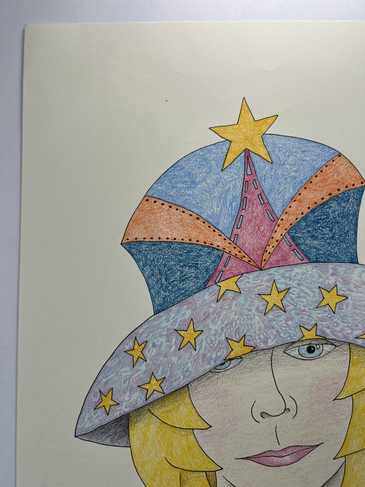 Women Fashion Drawing Folk Art Star Hat 14x11” Folksy Yellow Polka Dots ...