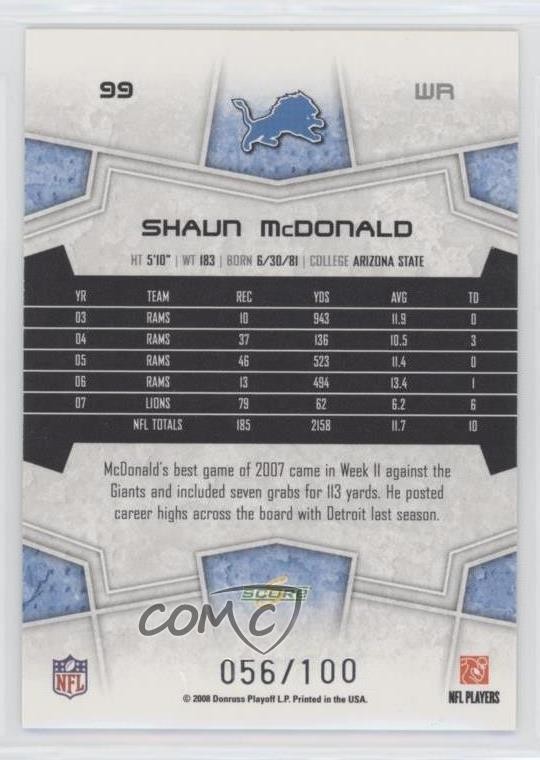 2008 Score Select Scorecard /100 Shaun McDonald #99 | eBay