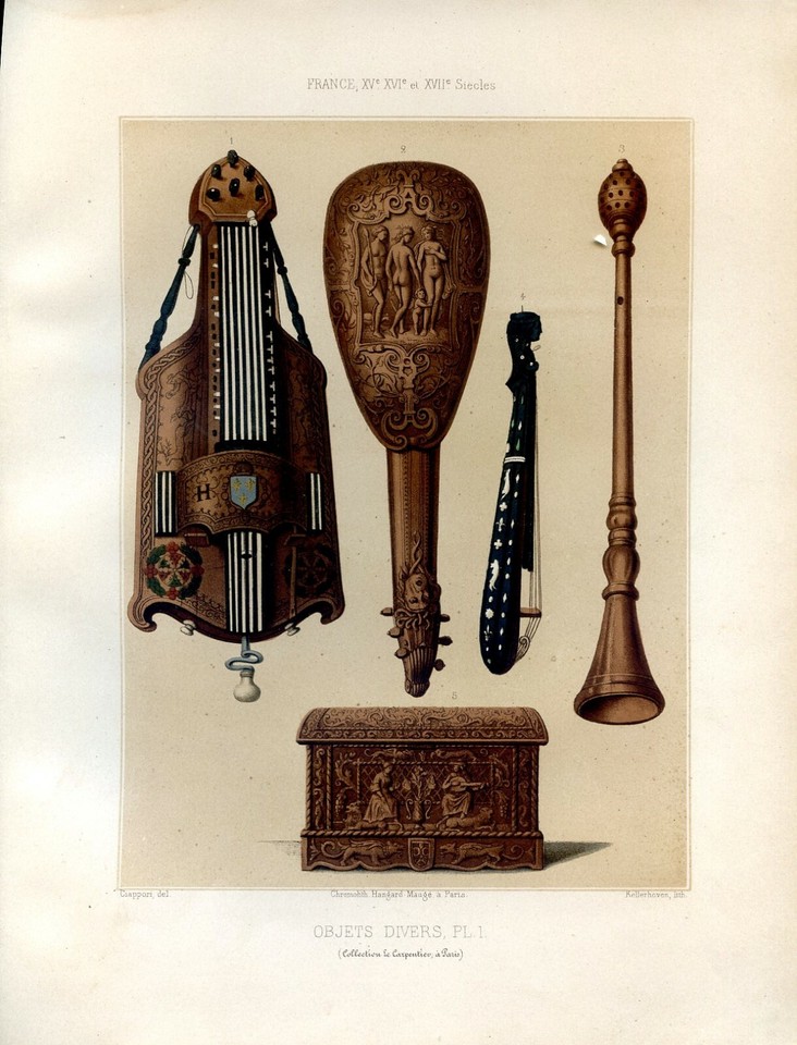 Musical instruments 15th, 16th, 17th C.Antique chromolithograph .1858 ...