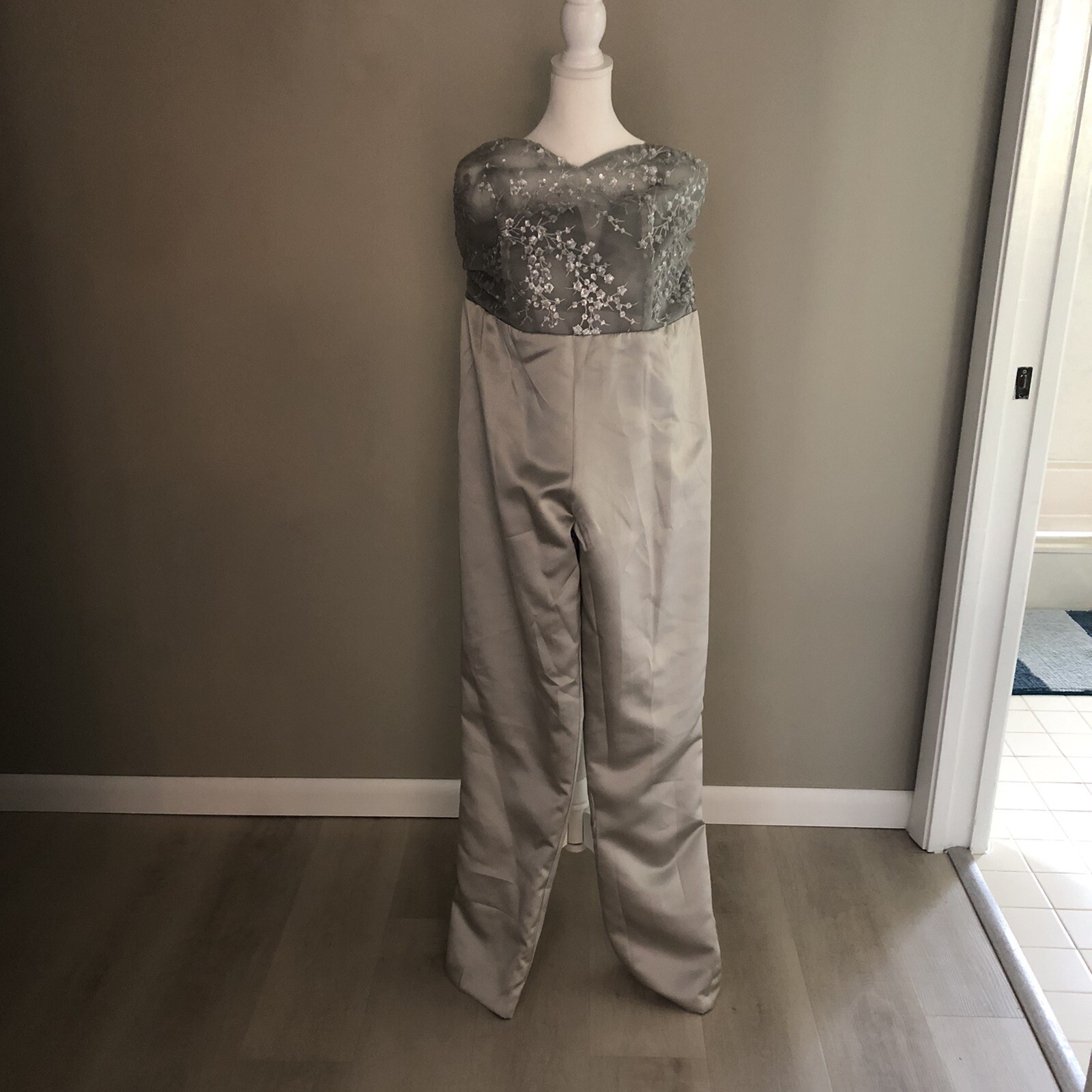 Satin Lace Gray One Piece Sequence Strapless Lined We… - Gem