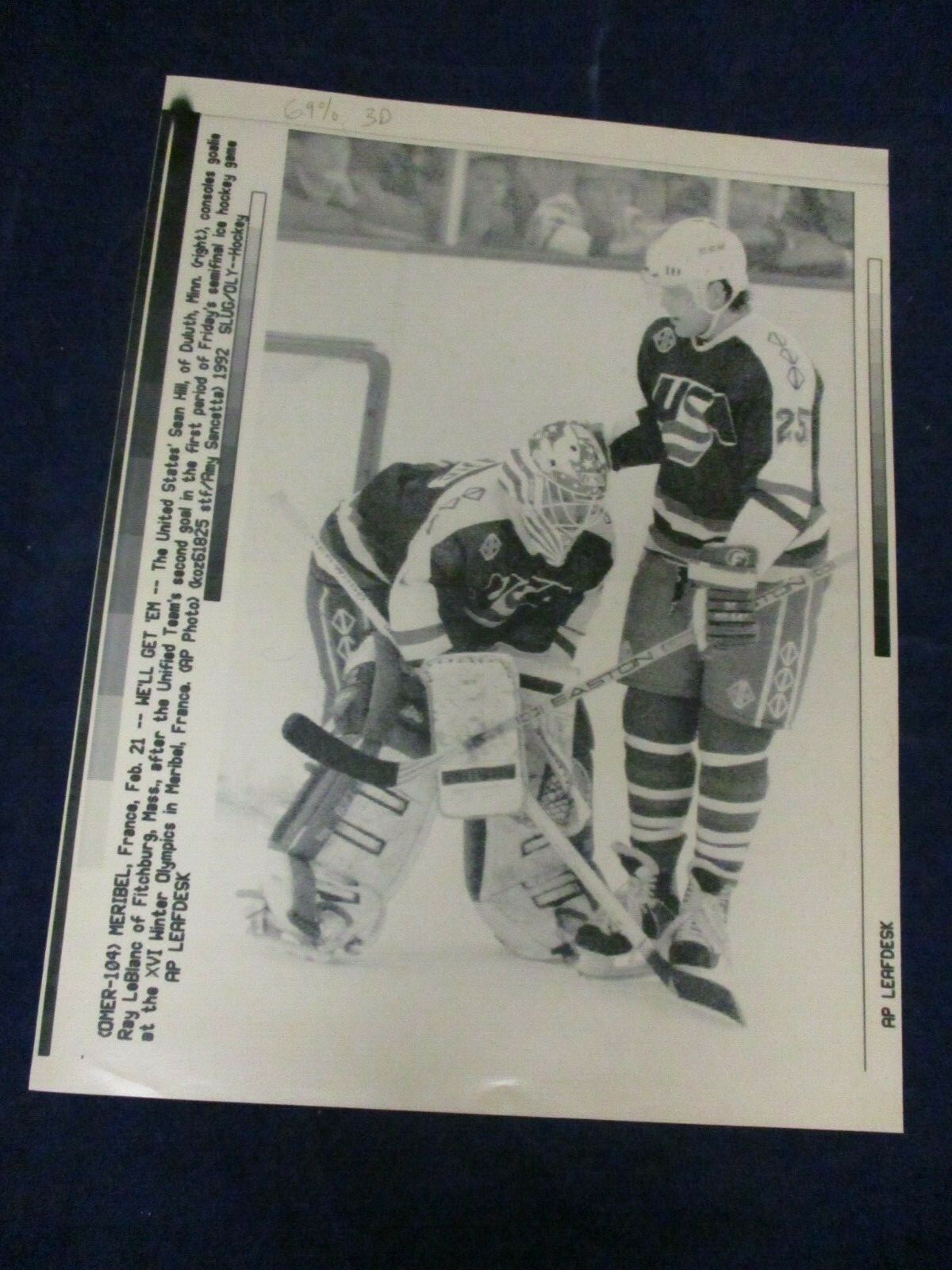 Wire Press Photo 1992 Sean Hill & Ray LeBlanc U.S. Olympic hockey ...