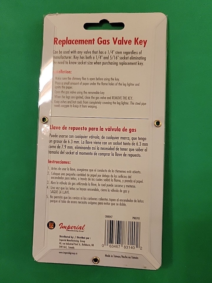 Imperial Universal Flame Fireplace Brass 3" Gas Logs Valve Key 1/4" 5/ ...