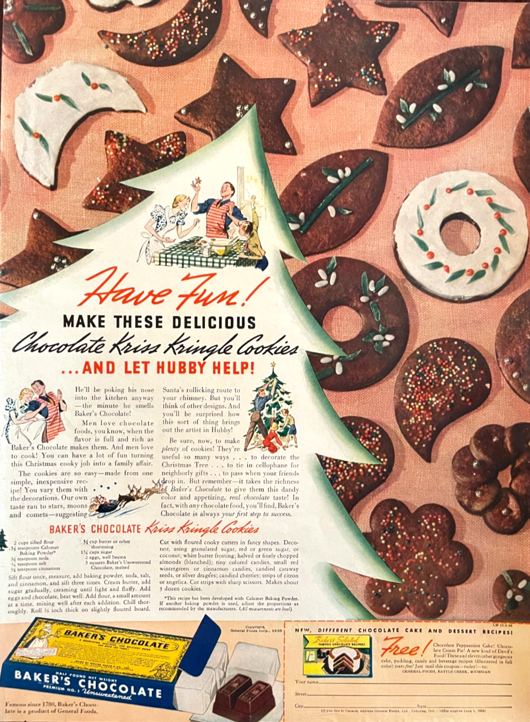 1938 Baker's Chocolate Christmas Kriss Kringle Cookies Vintage Print Ad ...